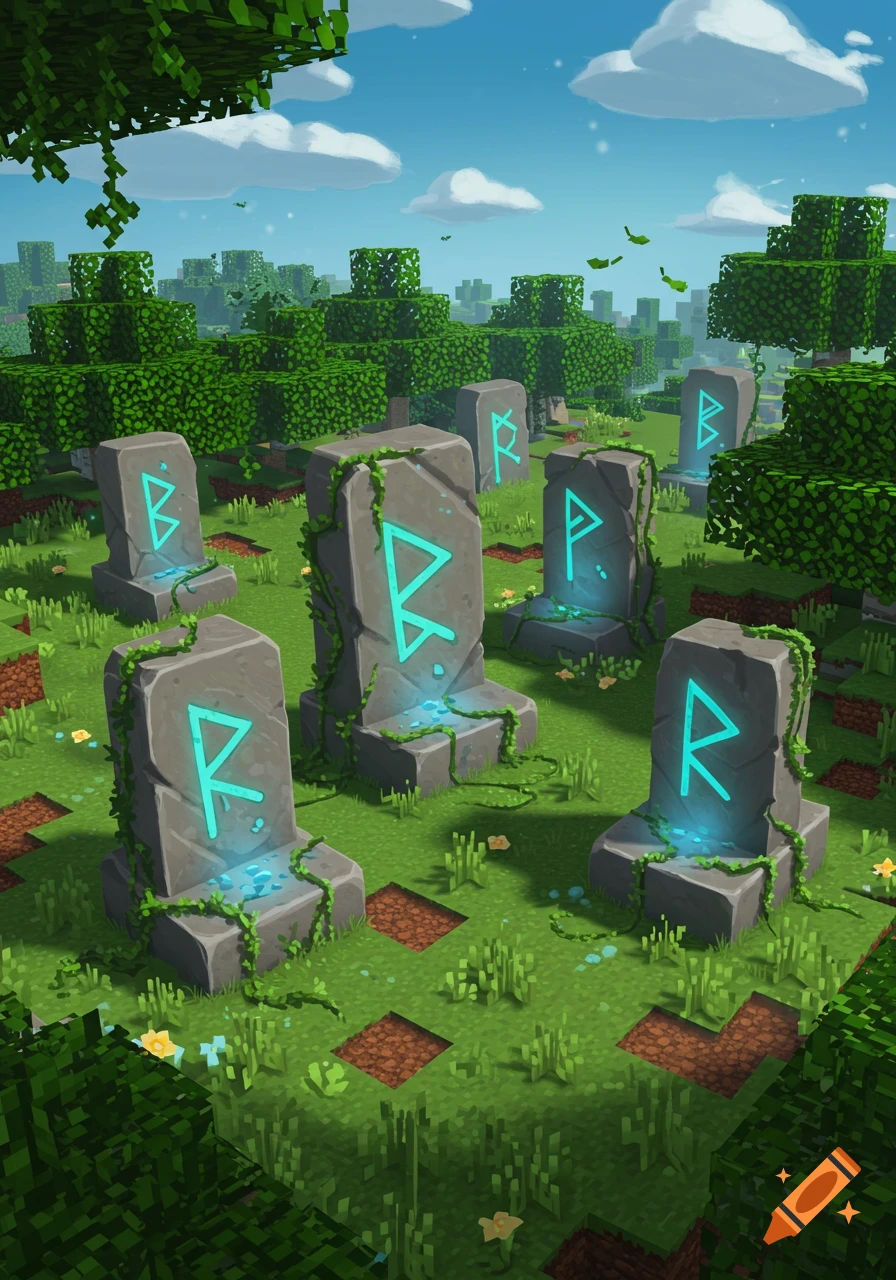 Vibrant Minecraft-style landscape with numerous stone tablets featuring glowing blue runes in a ...