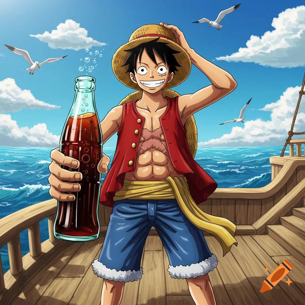 Anime-style Monkey D. Luffy stands on a ship deck, smiling and holding ...