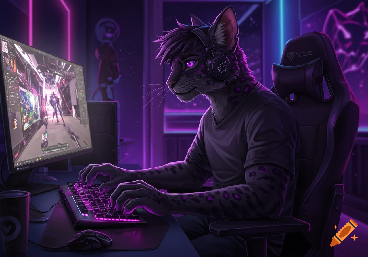 A male anthro feline with black fur and purple spots and eyes wearing ...