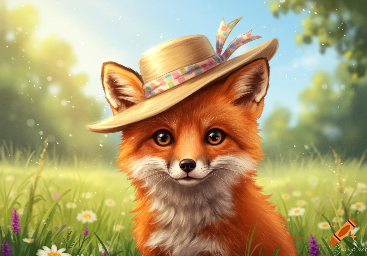 A cute cartoon fox wearing a small black top hat sits in a sunlit green ...
