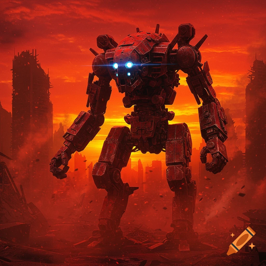 A massive, detailed red robot with glowing blue eyes stands in a ...