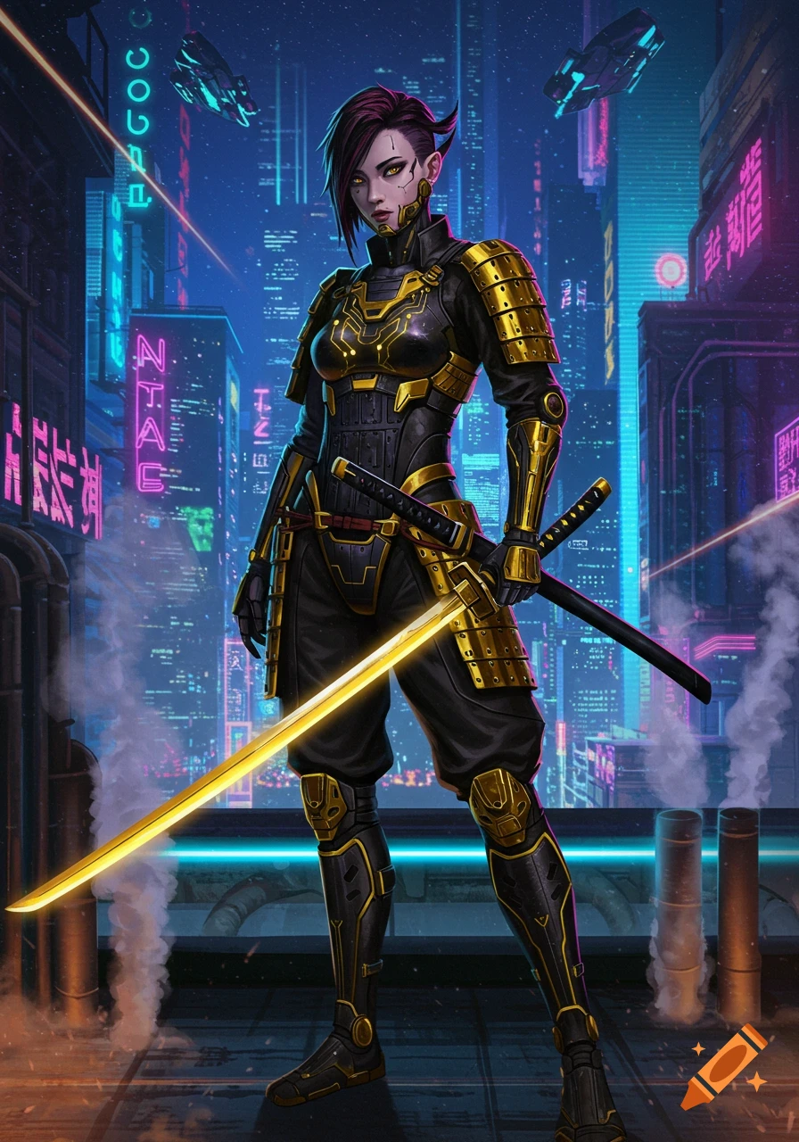 A cyberpunk samurai girl with golden armor and a glowing katana stands ...