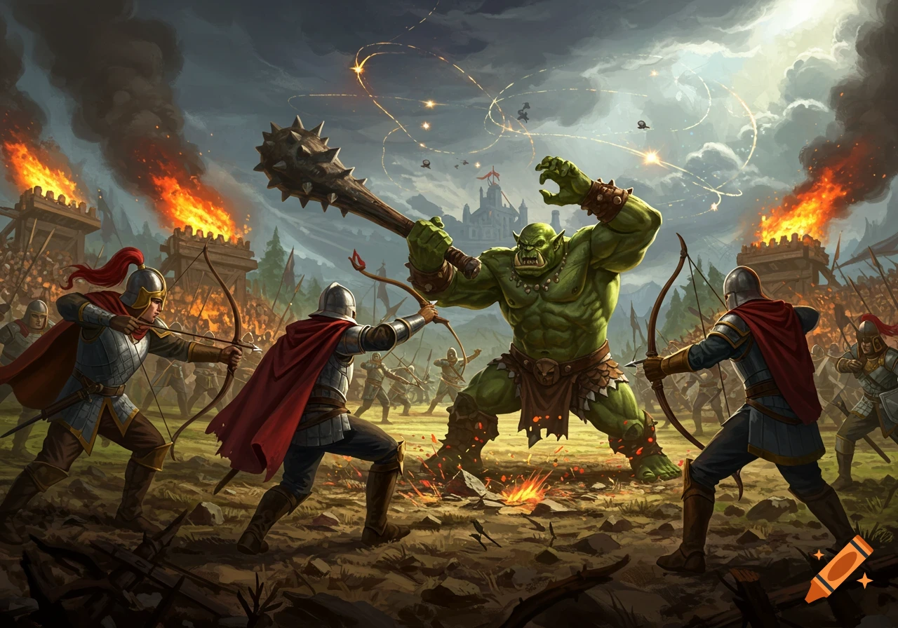 A huge green orc with a spiked mace battles armored archers on a fiery ...
