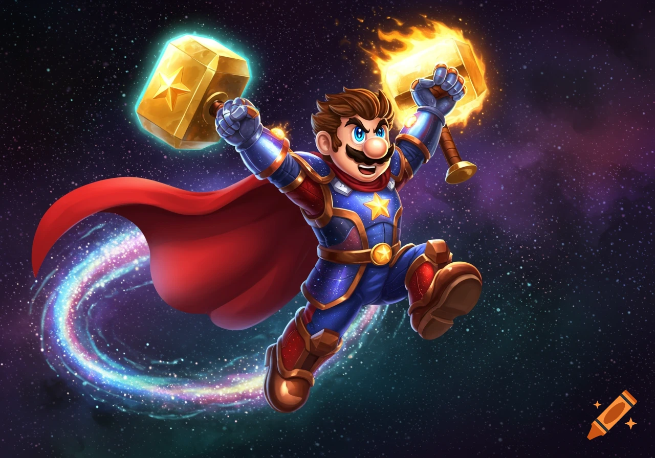 Mario as a superhero in a red and blue armored suit and cape, holding ...