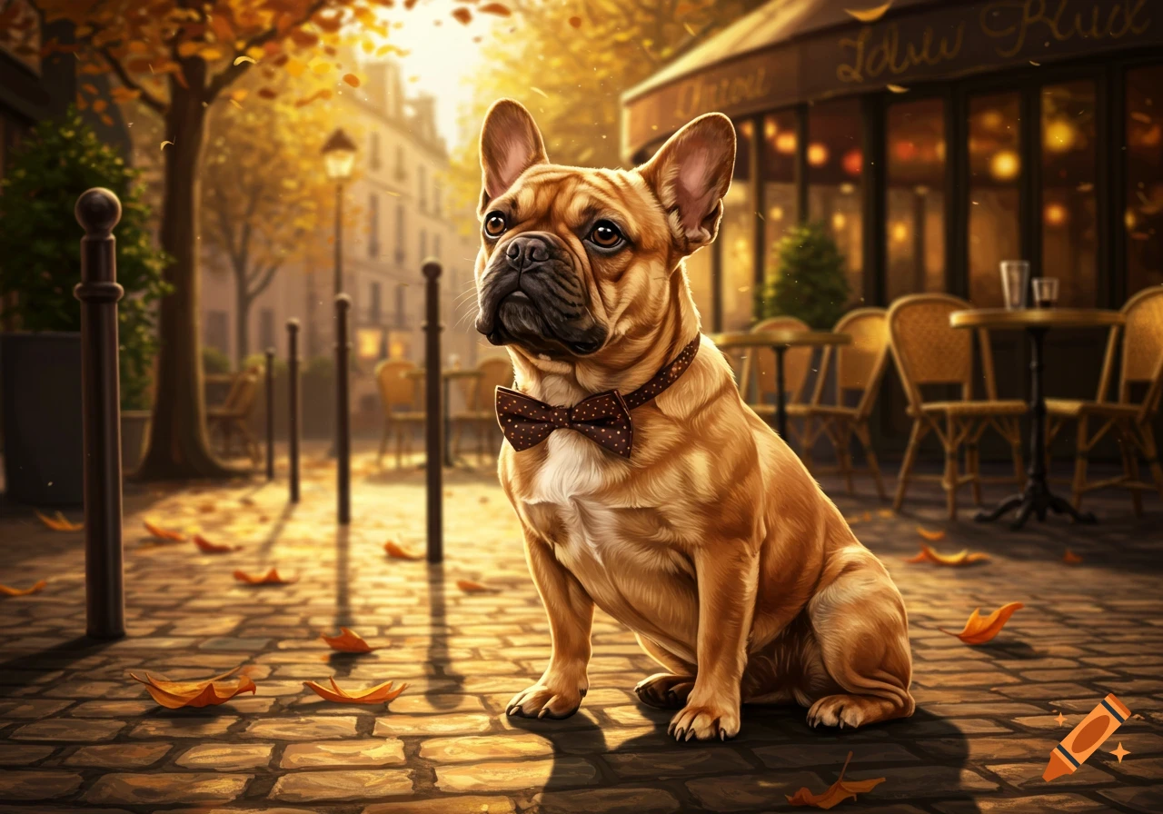 A dapper French bulldog with a bow tie sits on a cobblestone street in ...