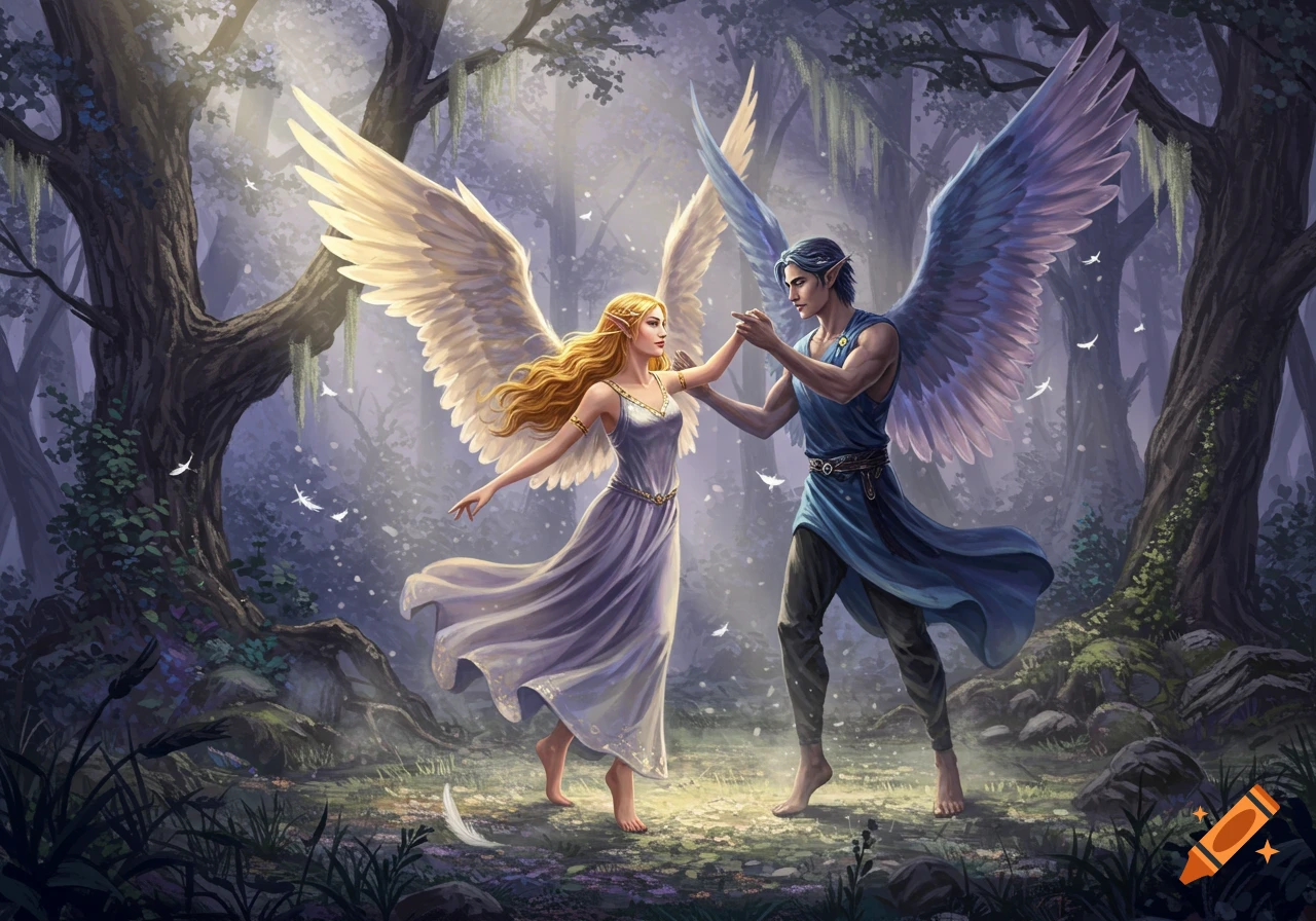 A male and female angel with large wings dance gracefully in a mystical ...