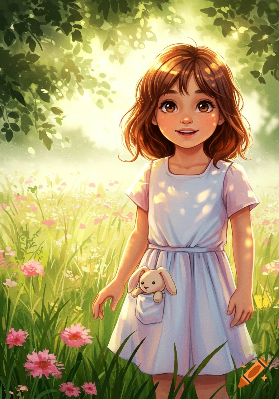 Illustrated blonde girl in a blue dress stands in a dandelion field at ...