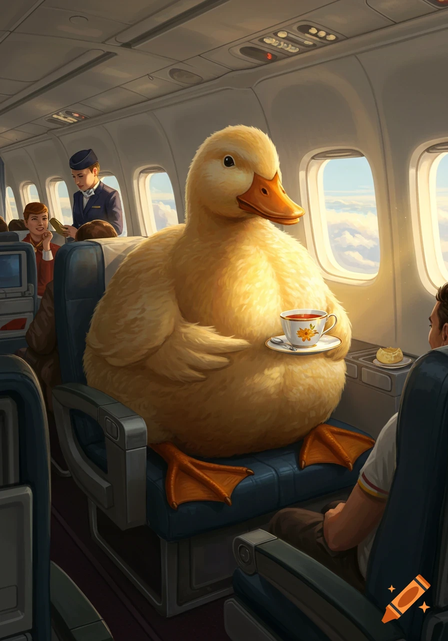 An illustrated giant yellow duck sits comfortably in an airplane seat ...