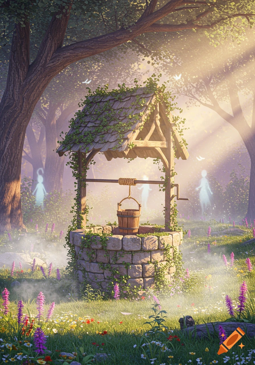 A magical wishing well covered in vines stands in a sun-dappled forest ...