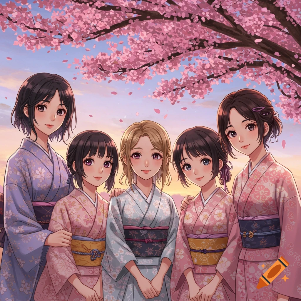 Five anime-style girls in colorful kimonos stand together under a ...