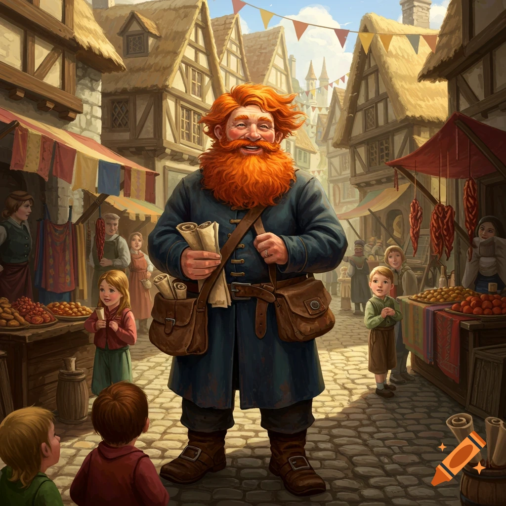 A portly, bearded man in traditional blue and red attire sits in a ...