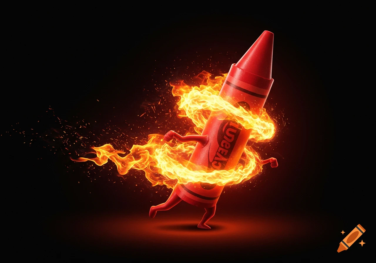 An anthropomorphic red crayon engulfed in swirling flames, running ...