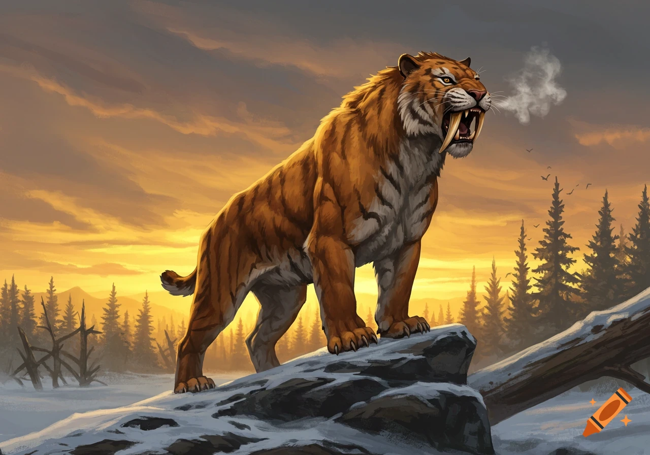 A saber-tooth tiger stands on a snowy rock, roaring with visible breath ...