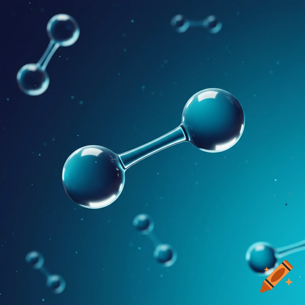 Close-up of translucent blue molecular structures, resembling hydrogen molecules, floating ...