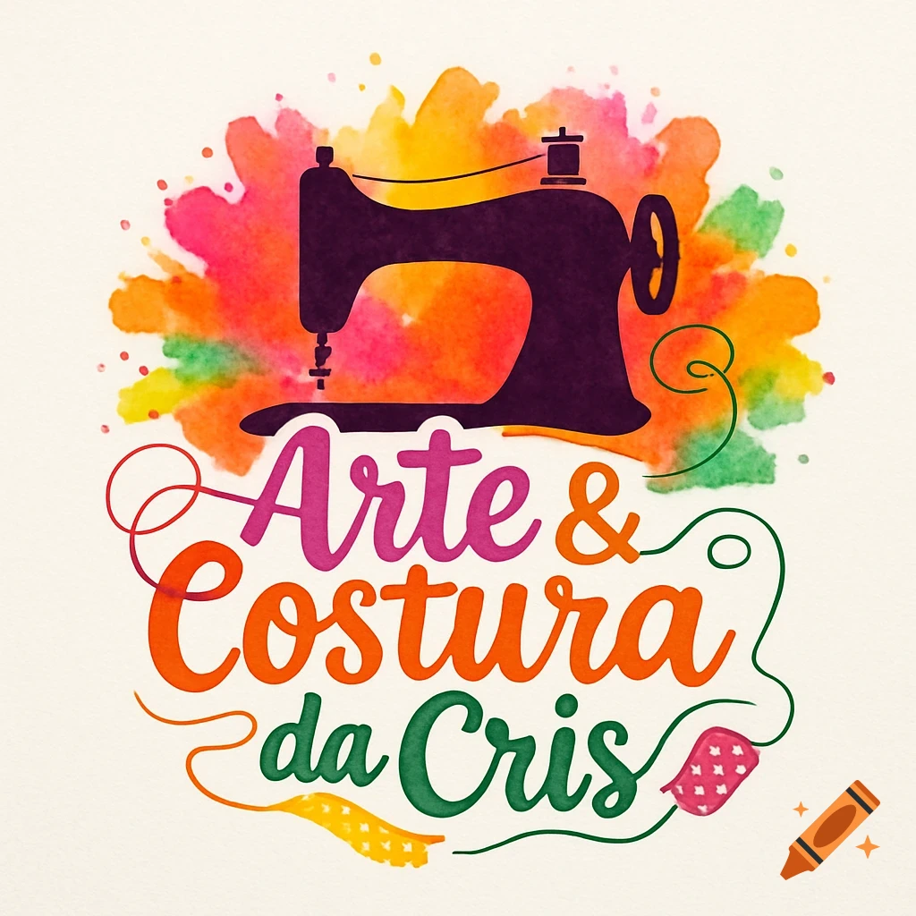 Vibrant logo with a black sewing machine over colorful watercolor ...