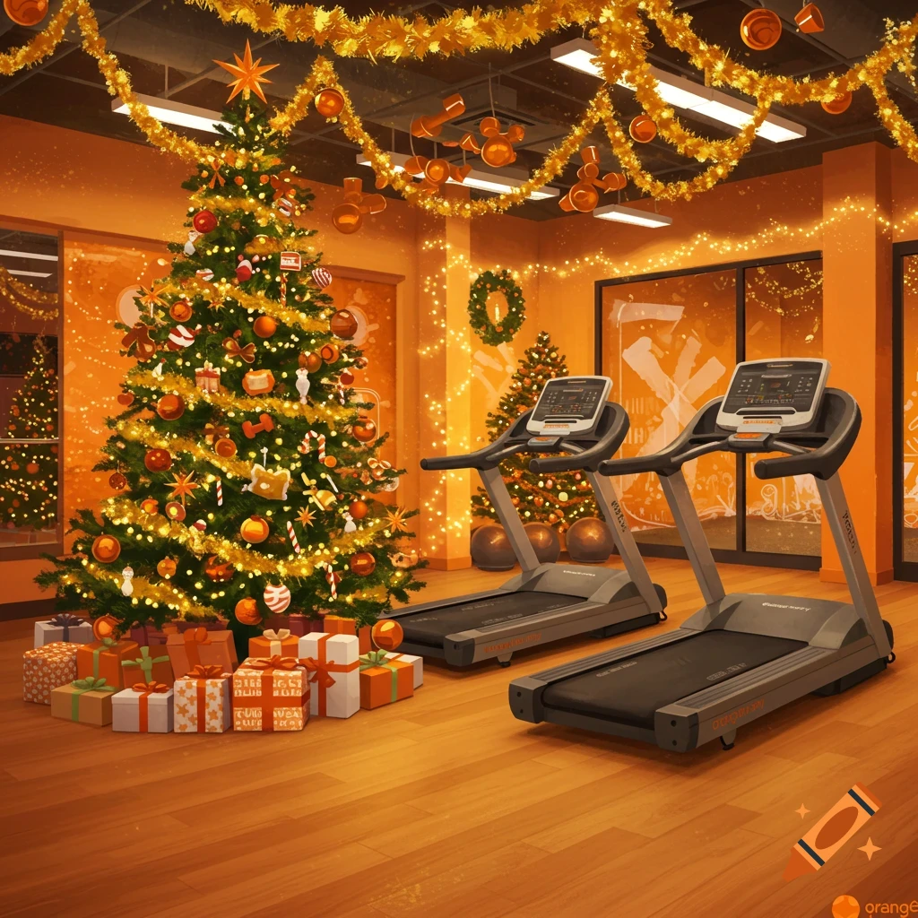 A Christmas-themed gym with an orange color scheme, featuring a large ...