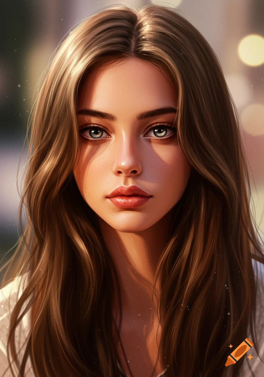 Digital portrait of a young woman with reddish-brown hair and green eyes, wearing a dark blue ...