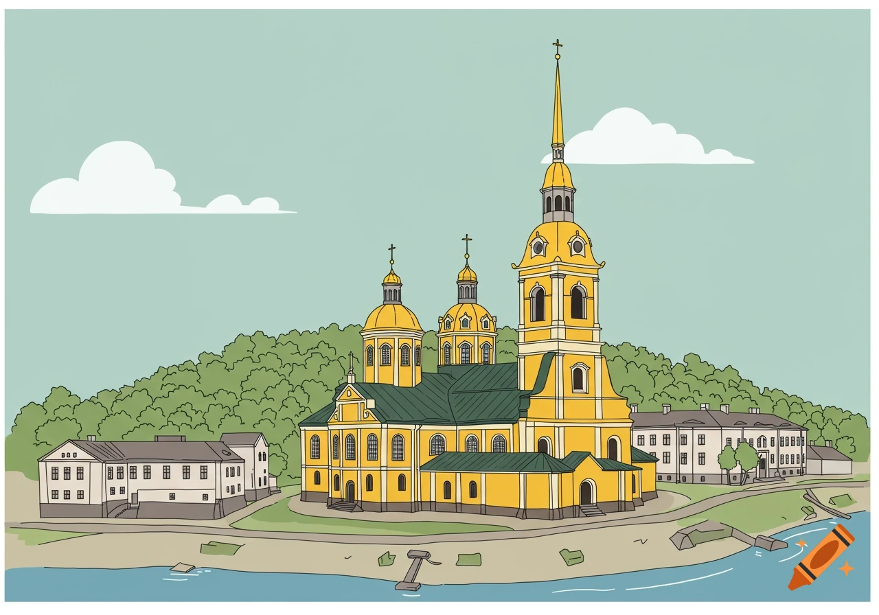 Cartoon bank building with a red dome, yellow facade, and blue columns ...