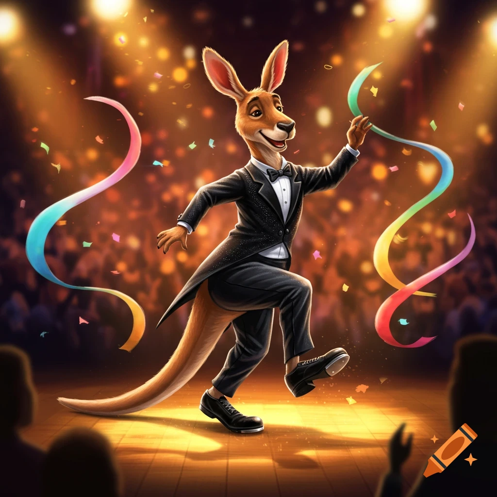 Daffy Duck in a top hat and tap shoes tap dancing on a brightly lit ...