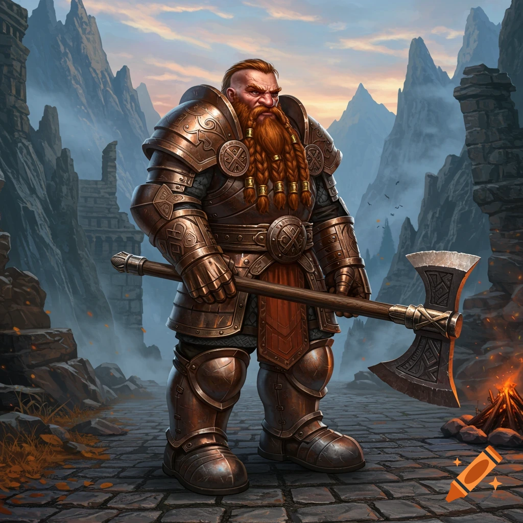 Heavily armored dwarf warrior with a braided red beard stands on a ...