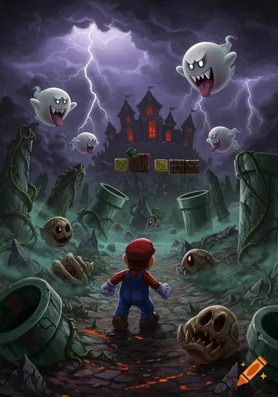 Cursed Mario with glowing red eyes, bloody mouth, and thorny vines in a ...