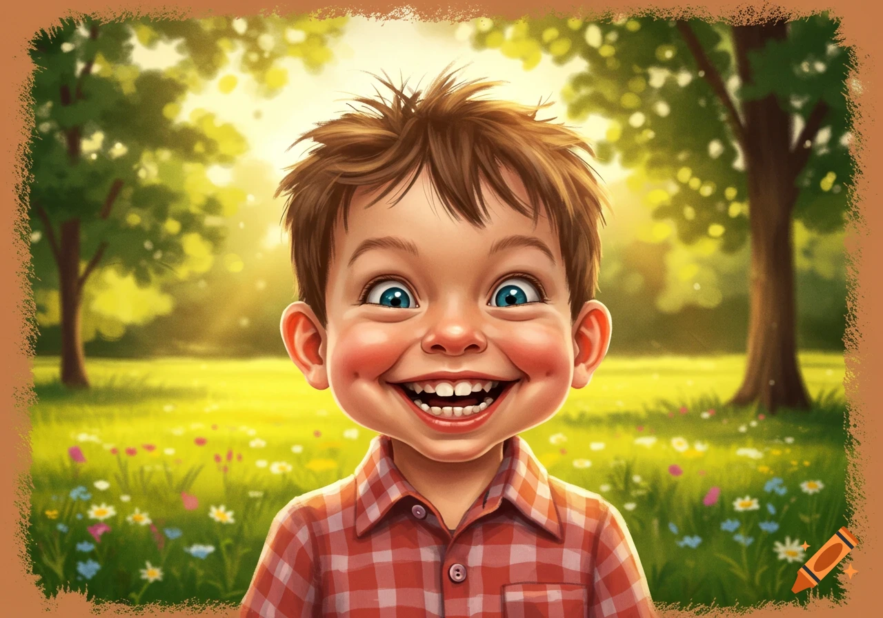 Cartoon boy with big blue eyes and a wide, toothy grin in a sunny park ...