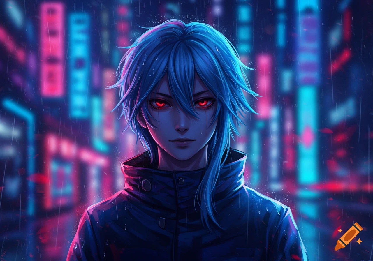 Anime boy with black and red hair and glowing red eyes in a neon-lit ...