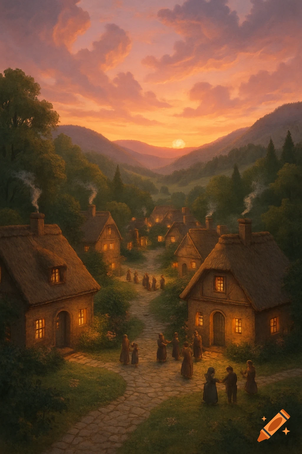 A picturesque medieval village with thatched-roof houses and people by ...