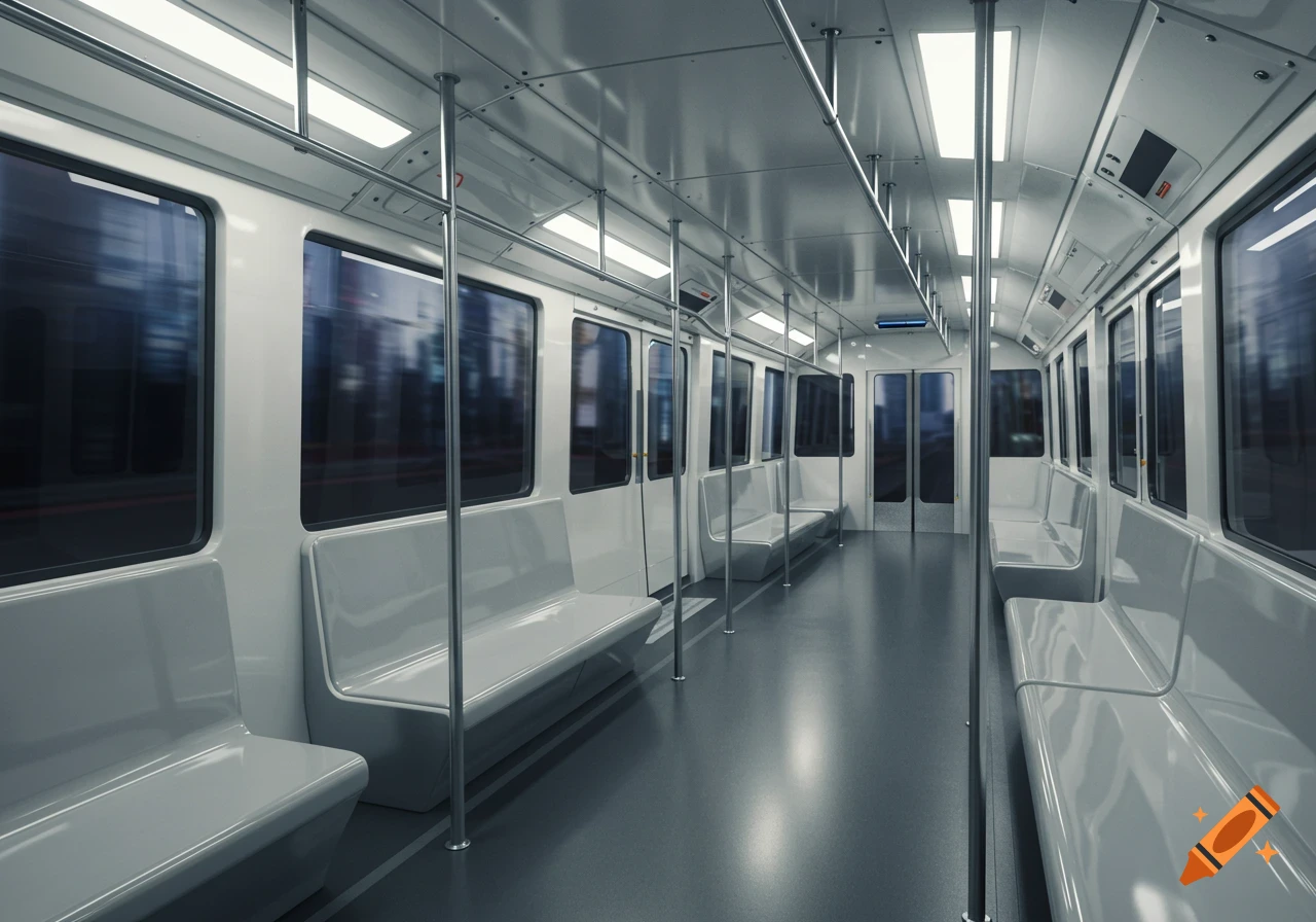 A clean, empty, modern automated shuttle interior with white seats ...