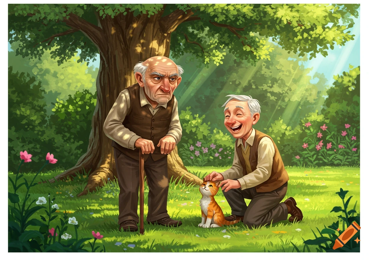 An old grumpy man with a cane stands next to a happy old man petting an ...