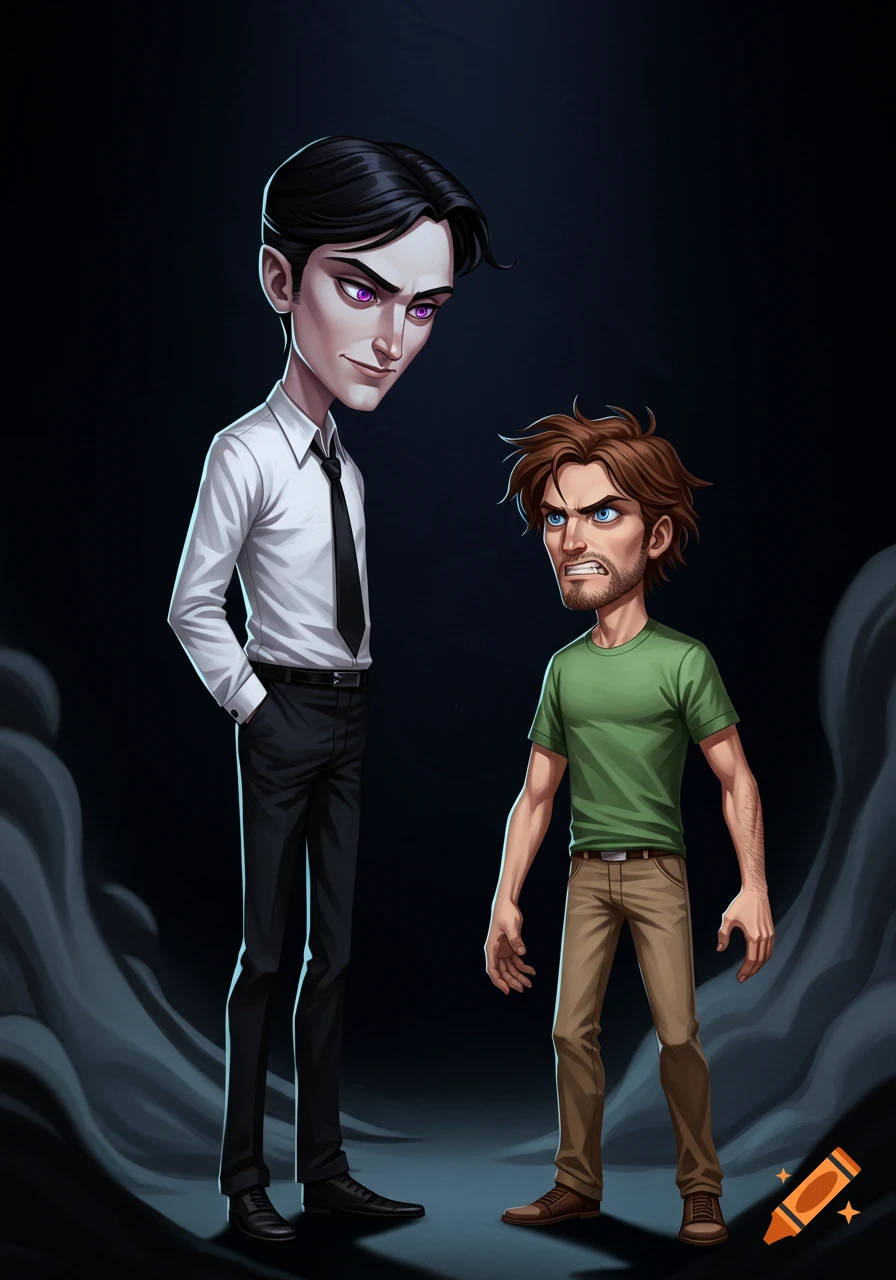 Black and white sketch of an angry young girl and an older man standing ...