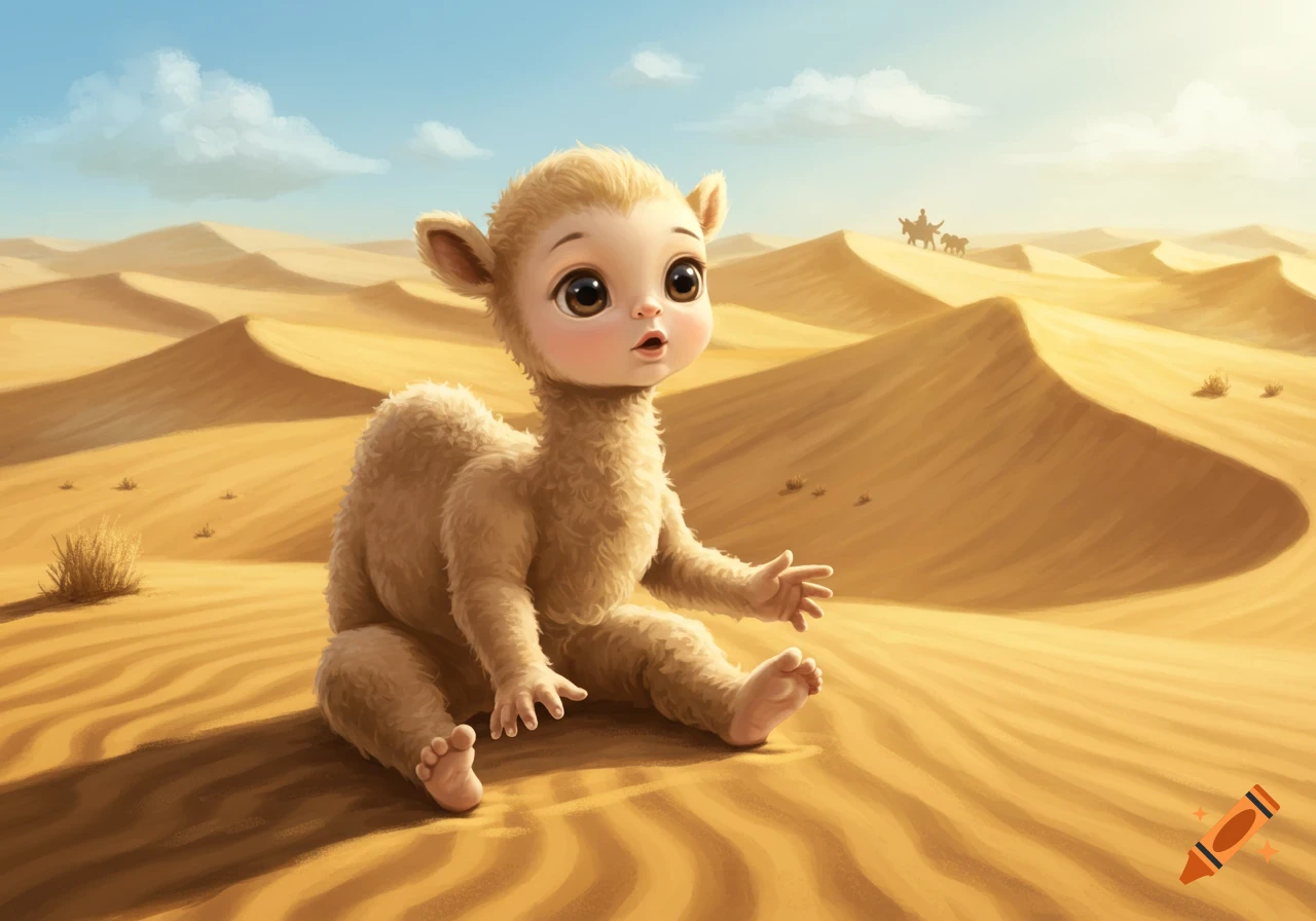 A cute, furry baby human-camel mix sits in a vast desert landscape ...