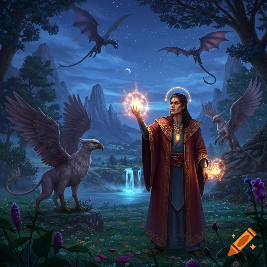 A magic-wielding man in a red robe stands in a moonlit forest, flanked ...