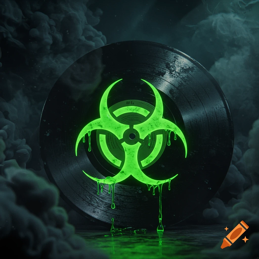 A vinyl record with a glowing green biohazard symbol dripping toxic ...