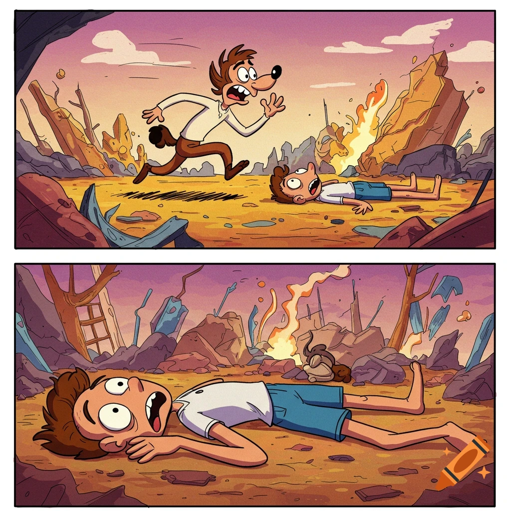 A two-panel goofy cartoon comic shows a wolf-like character running ...