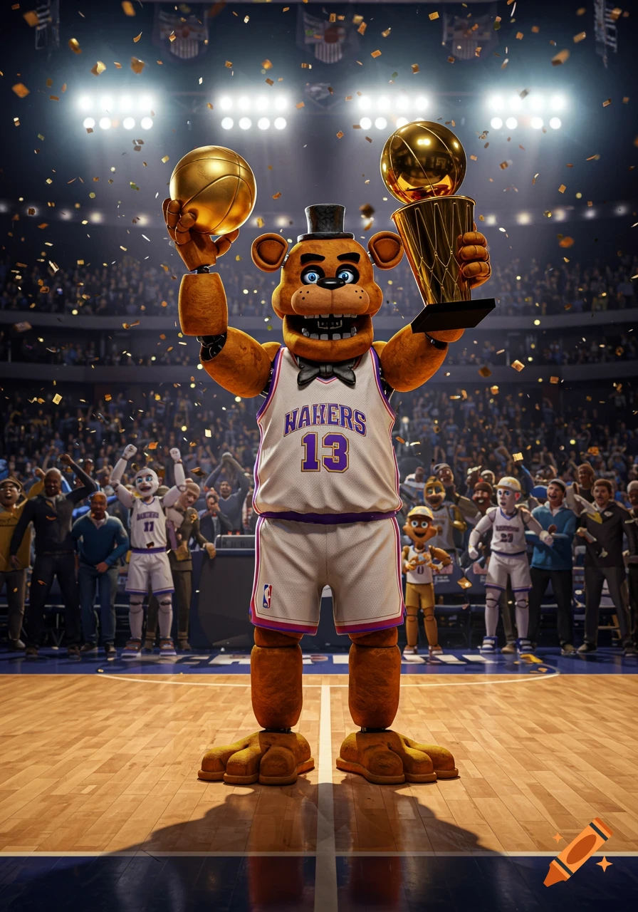 Freddy Fazbear in a basketball jersey celebrates winning the NBA finals ...