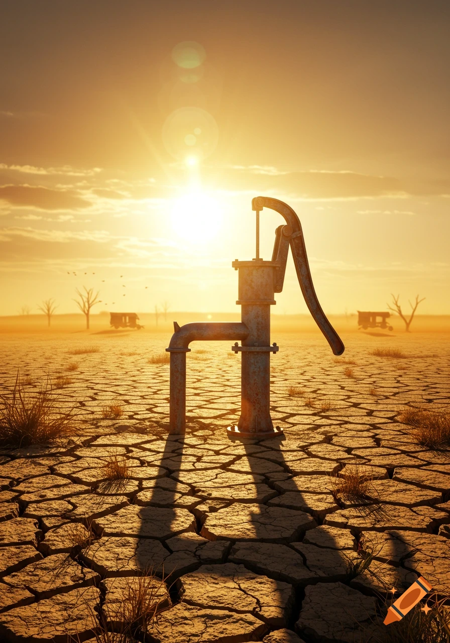 An old, rusty water pump stands in a cracked, dry desert landscape ...