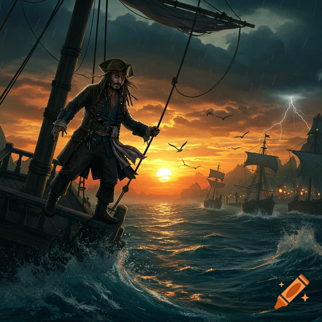 Captain Jack Sparrow on a ship's mast during a stormy sunset at sea ...