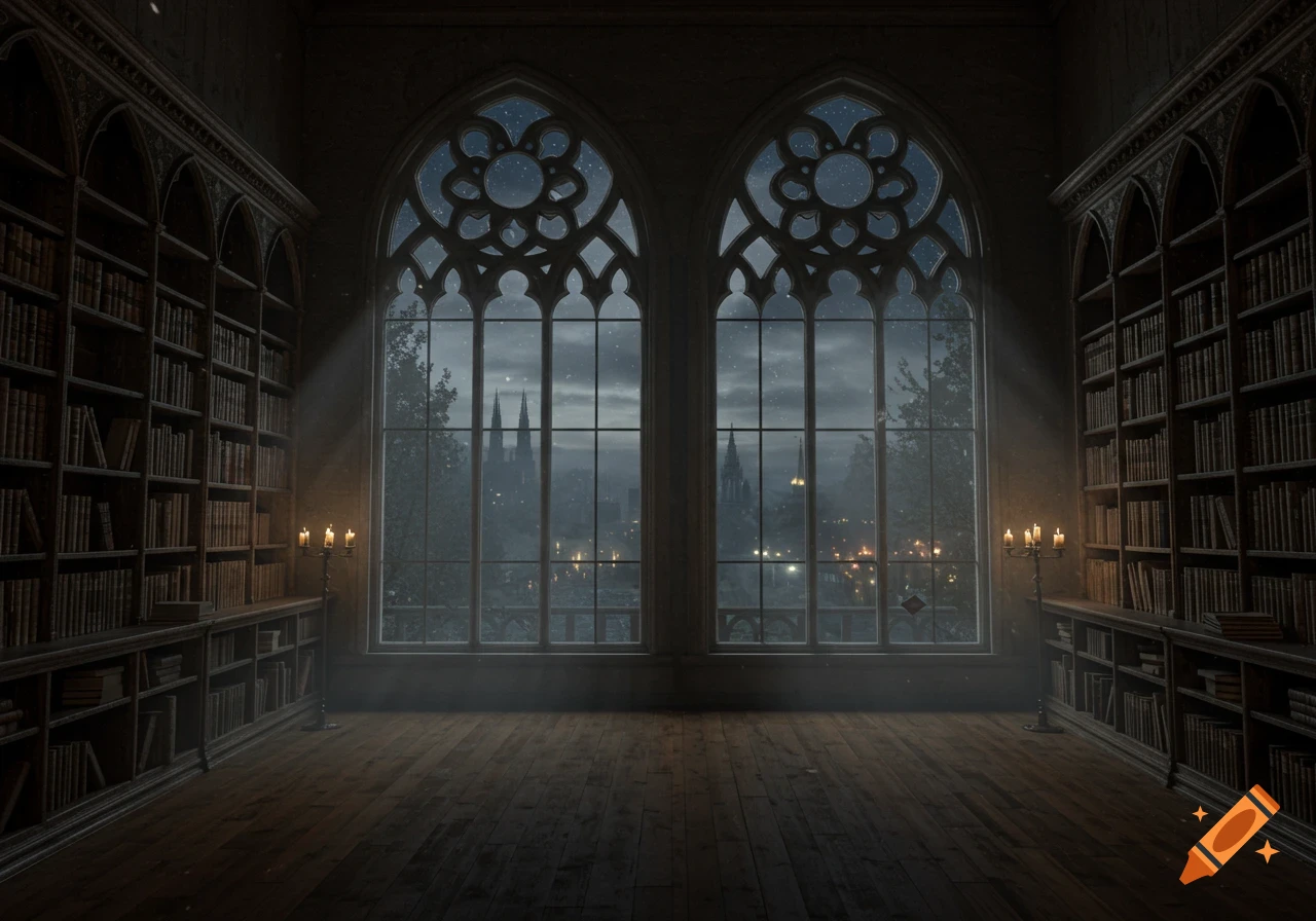 Dark gothic library with tall arched windows looking out onto a foggy ...
