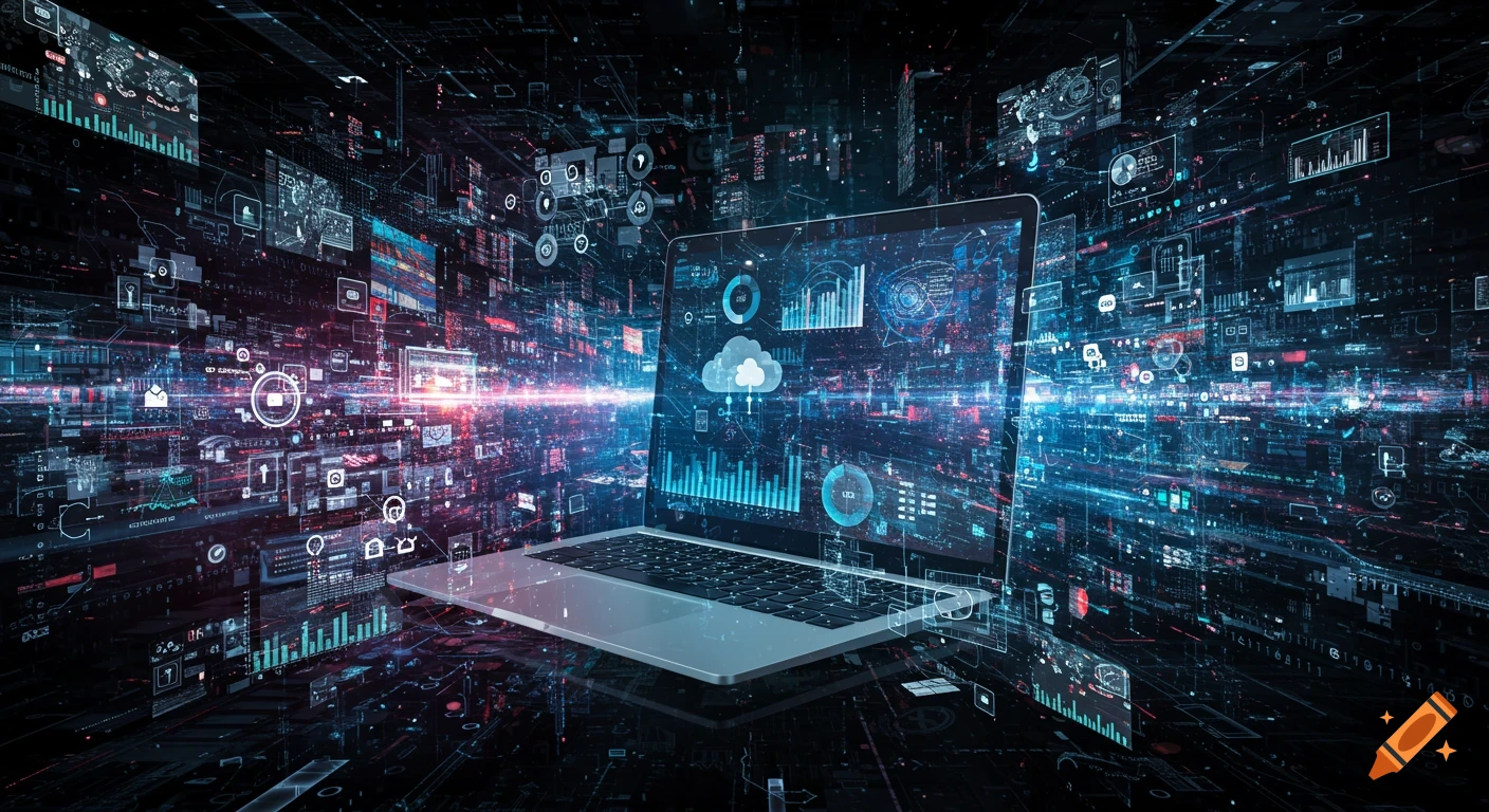 A laptop screen displays 'INTELLIGENCE' with binary code flowing, next ...