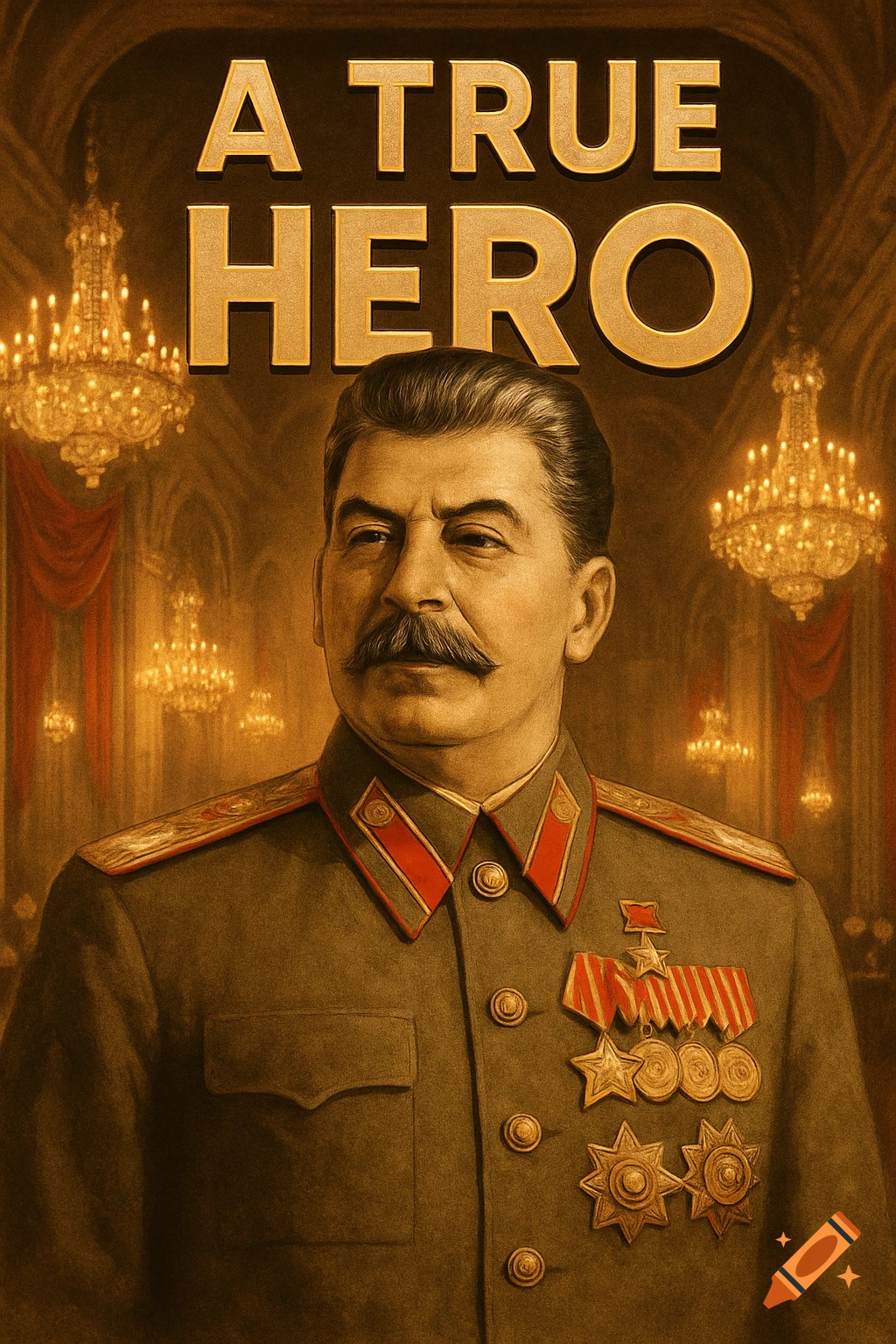 Propaganda-style portrait of Joseph Stalin in military uniform with ...