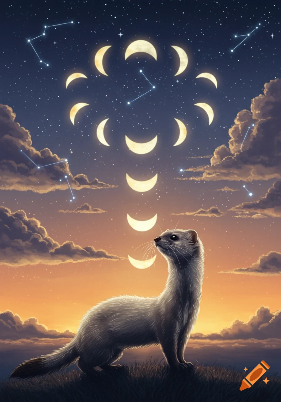 A weasel stands on a grassy hill, looking up at a starry night sky ...