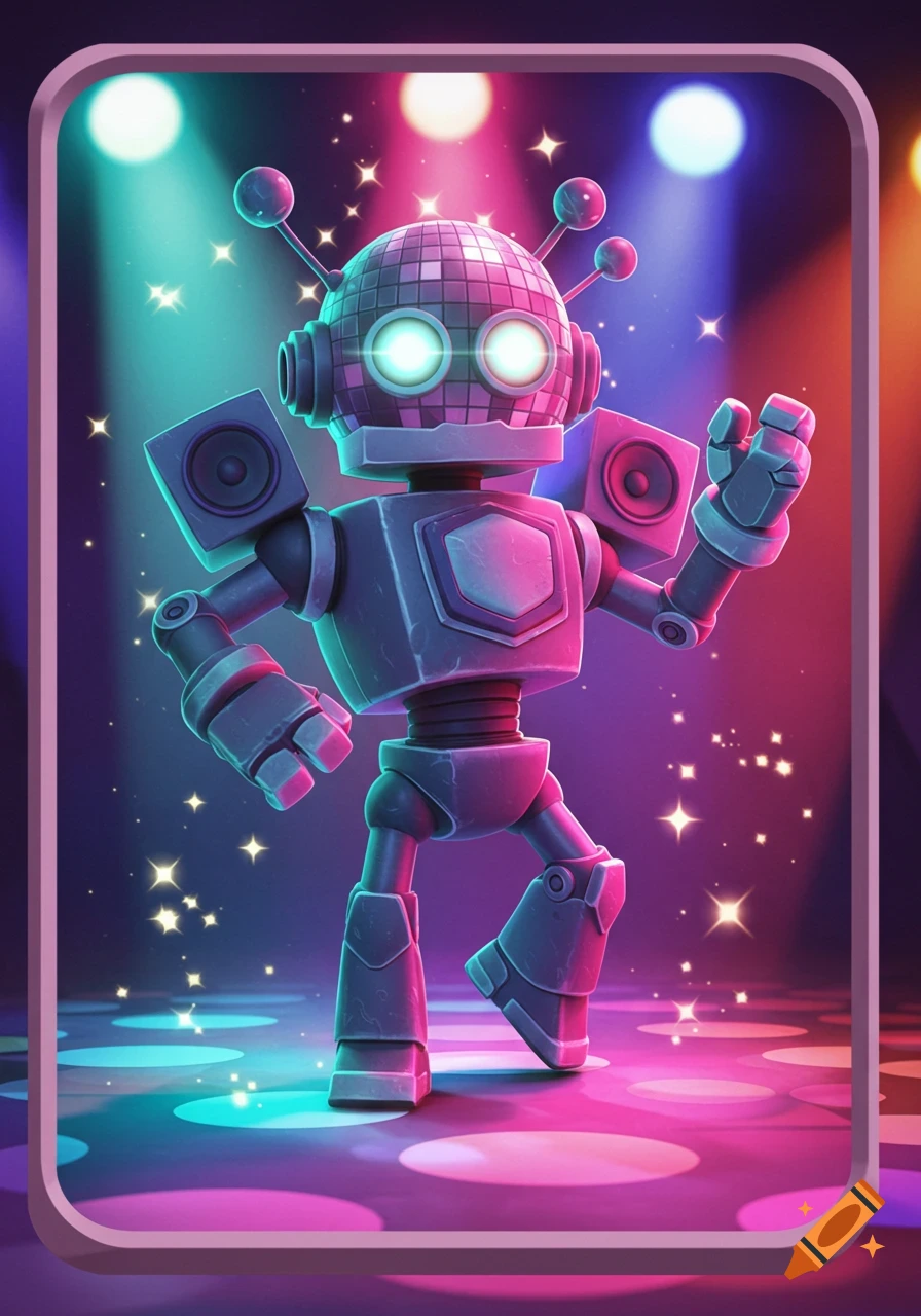 A stylized, cartoonish disco robot with a mirrored head and shoulder ...