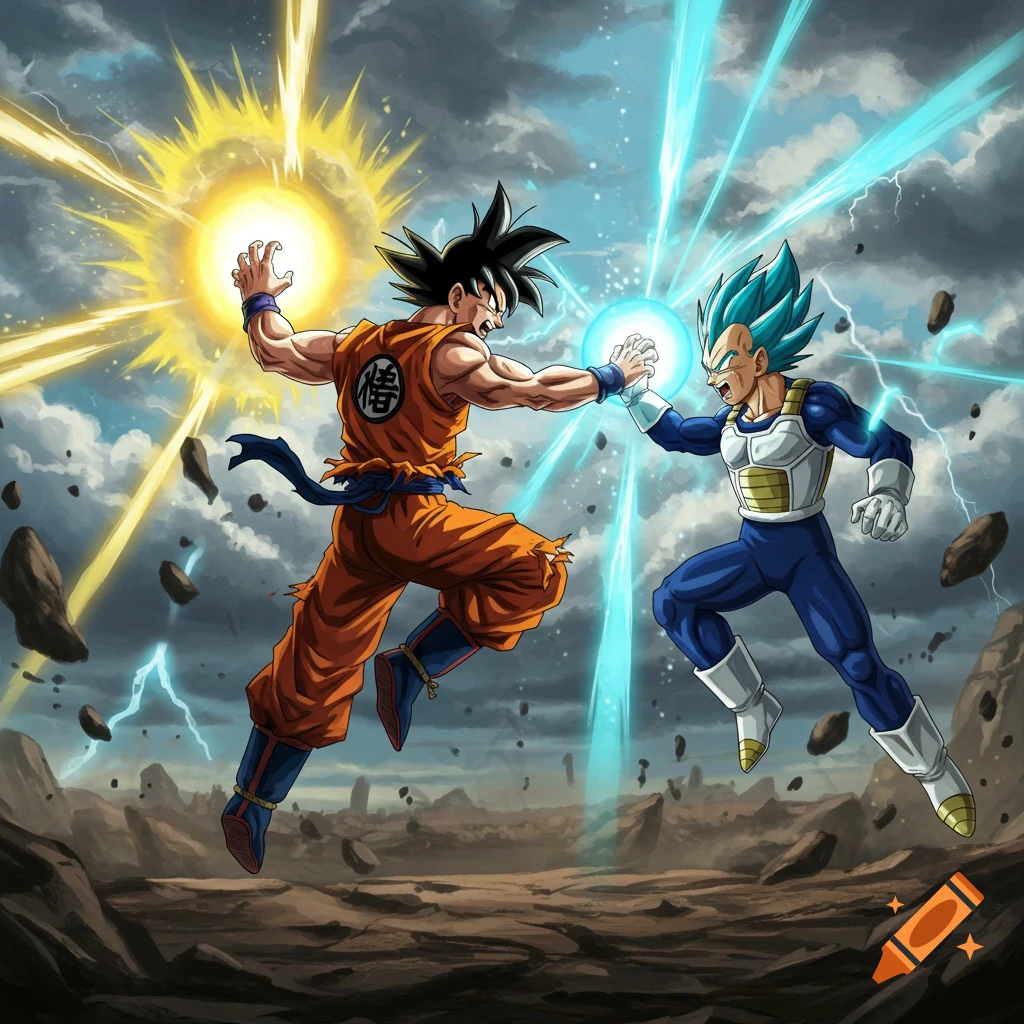 Goku and Vegeta from Dragon Ball Z clash with energy blasts in a ...