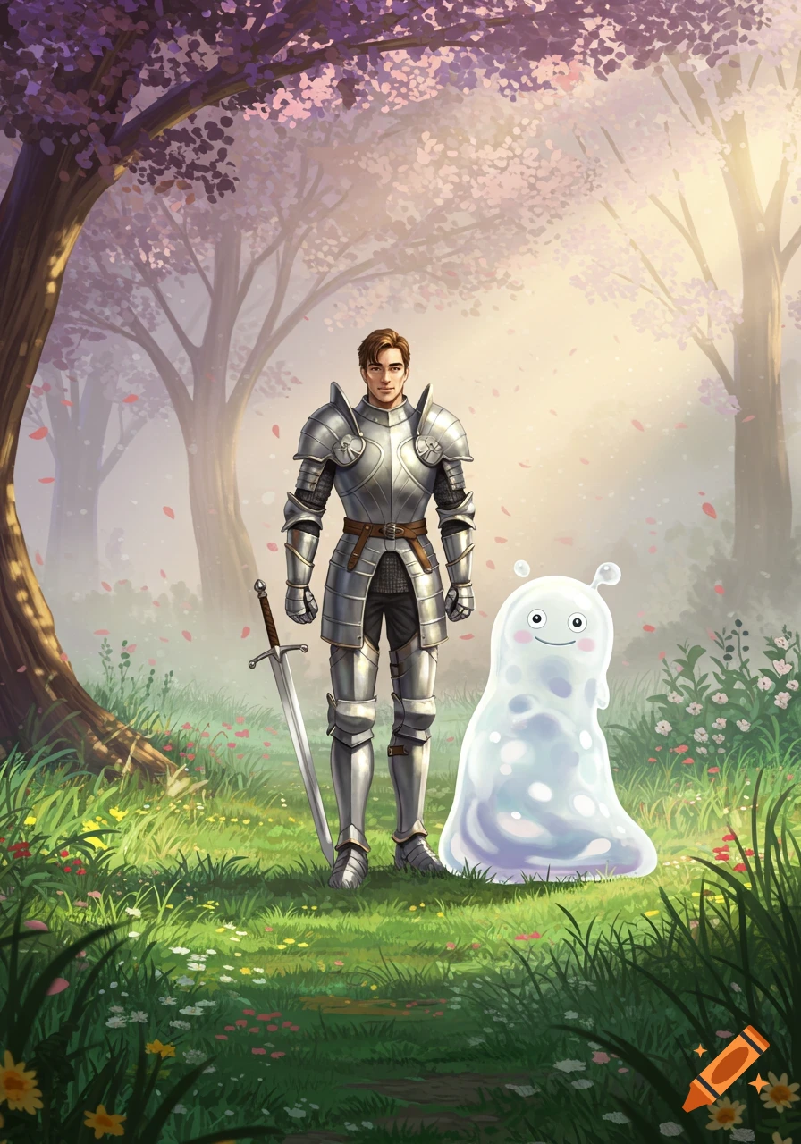 A knight in shining armor stands with a smiling white slime companion ...
