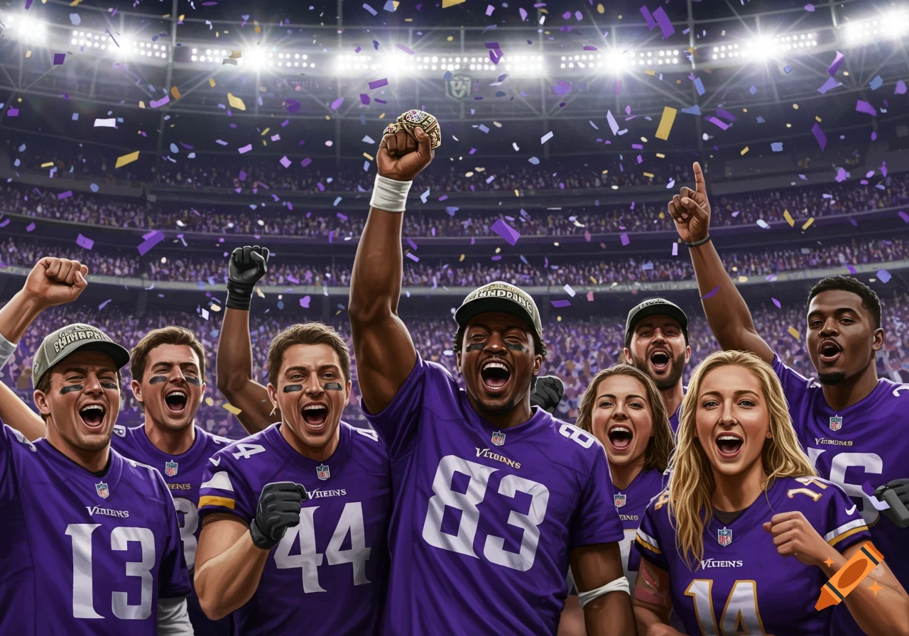 A group of ecstatic football players and fans in purple jerseys cheer ...