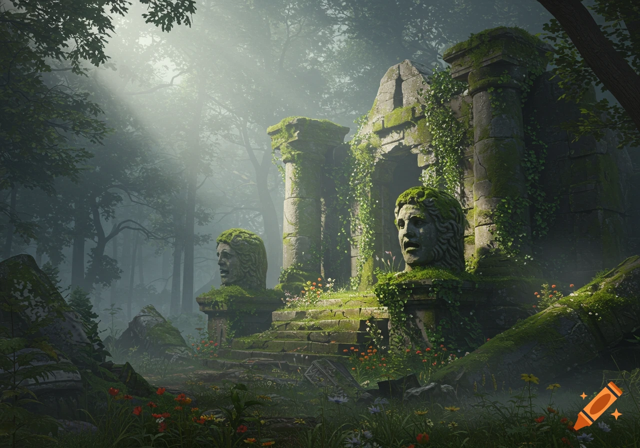 Moss-covered ancient stone ruins with large carved heads in a misty ...