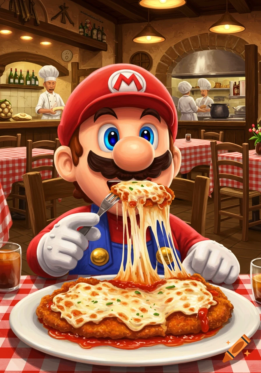 Mario, a cartoon character in a red cap and blue overalls, happily eats ...