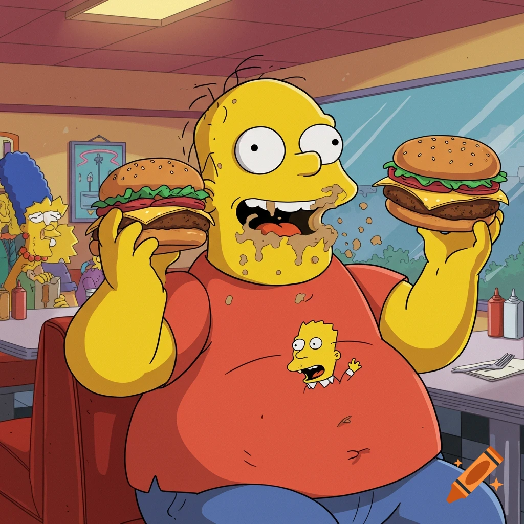 An obese, bald yellow man in The Simpsons style, covered in food crumbs ...