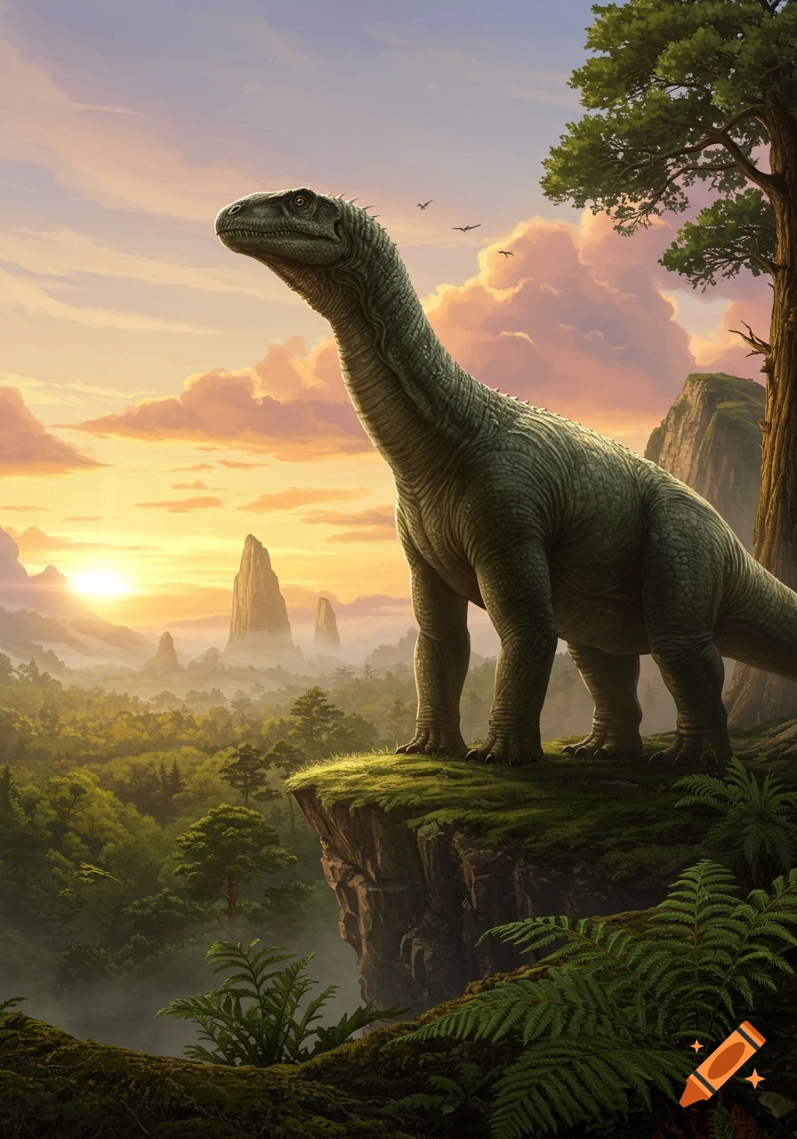 Several dinosaurs and pterosaurs in a lush prehistoric landscape with a ...